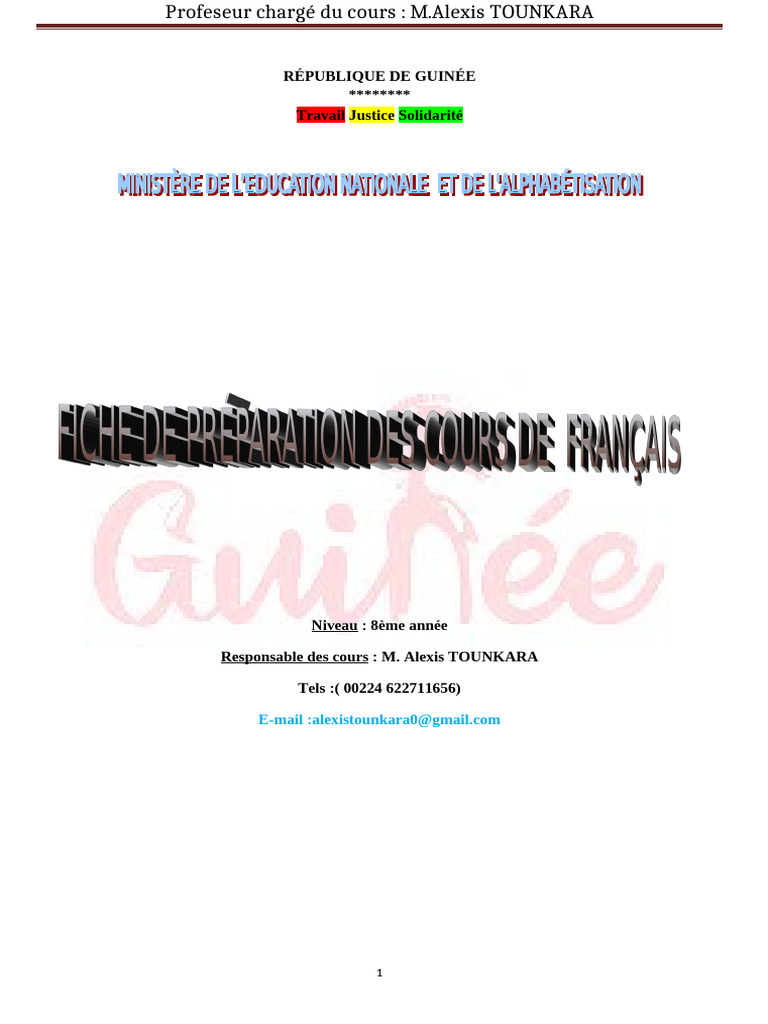 Programme de cours de français 8ème année | PDF | Clause | Phrase