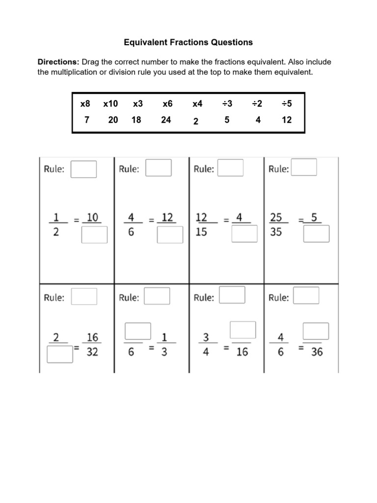 Equivalent Fractions Practice Exercise | PDF