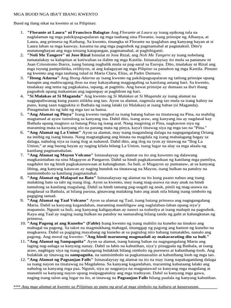 MGA BUOD NG KWENTO at ALAMAT NG PILIPINAS | PDF