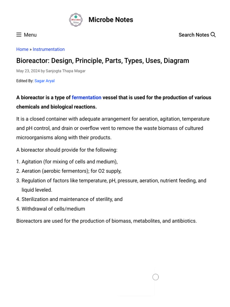 Bioreactor Design and Principles | PDF | Chemical Reactor | Fermentation