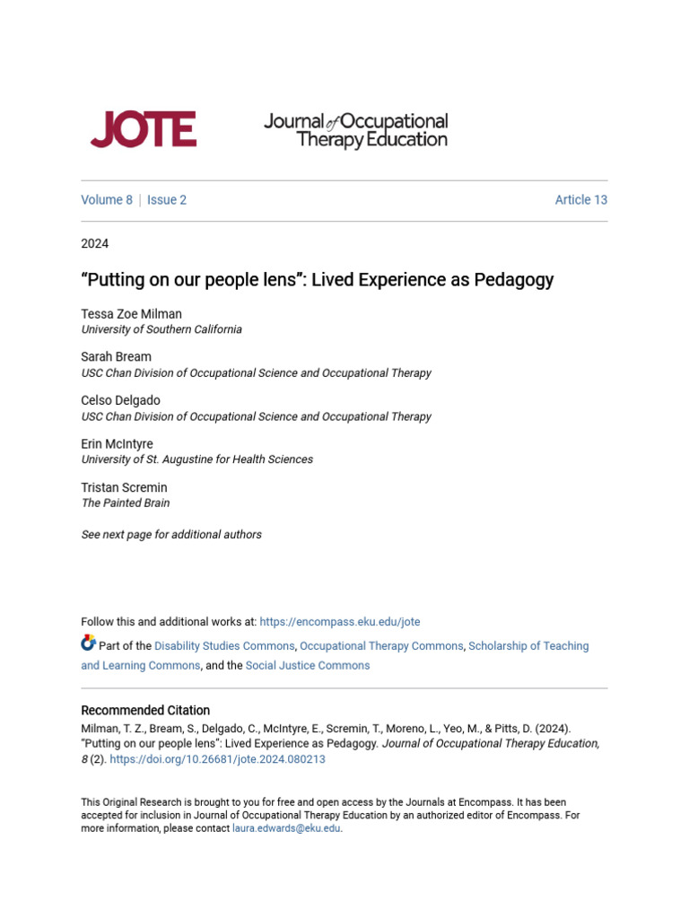 Lived Experience in Occupational Therapy Education | PDF | Occupational ...