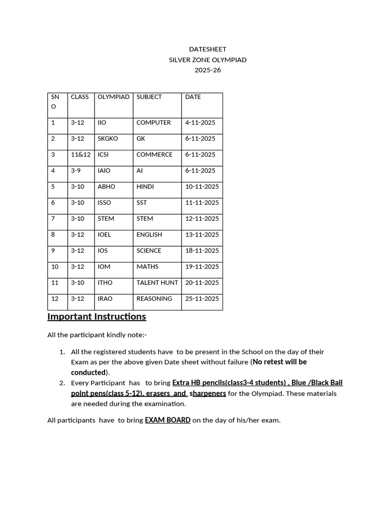 Silver Zone Olympiad Dates 2025-26 | PDF