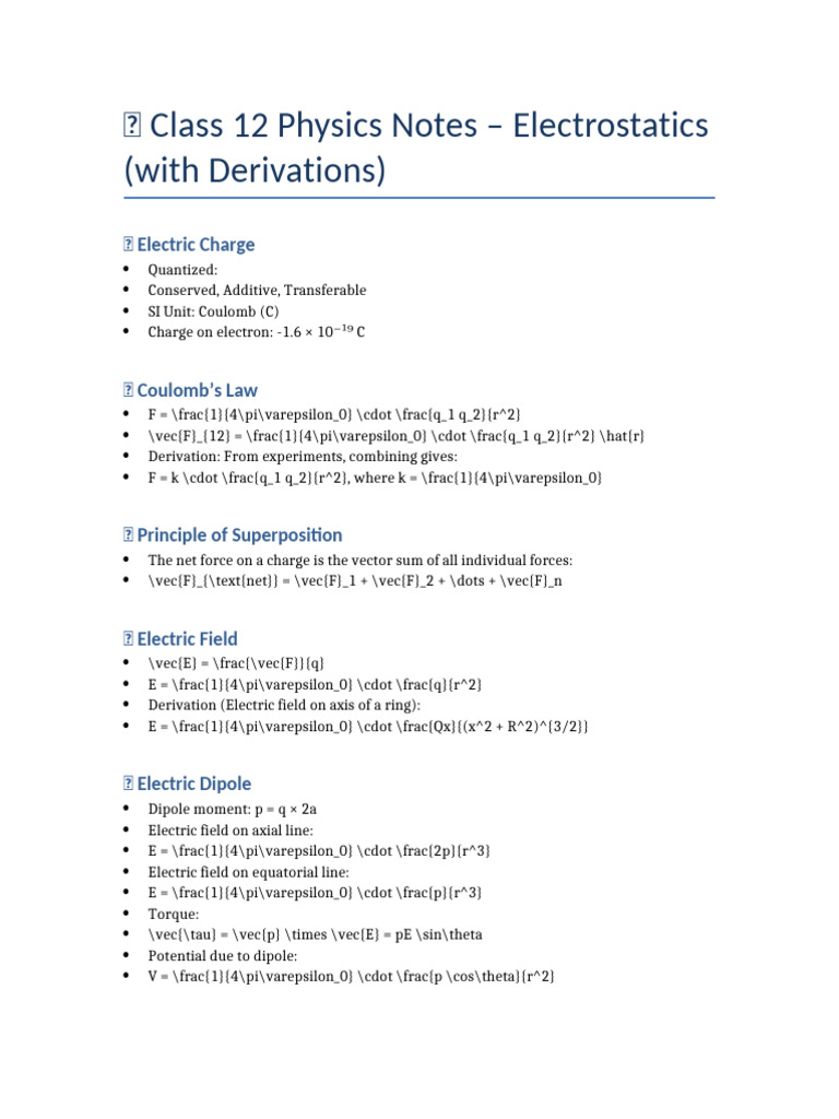 Class 12 Physics Electrostatics Notes | PDF
