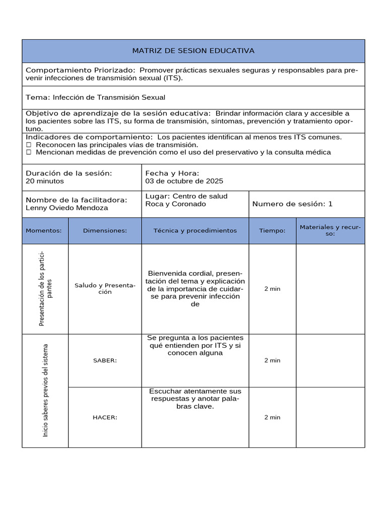 MATRIZ DE SESIÓN EDUCATIVA Its INVESTIGACION | PDF | Infección ...