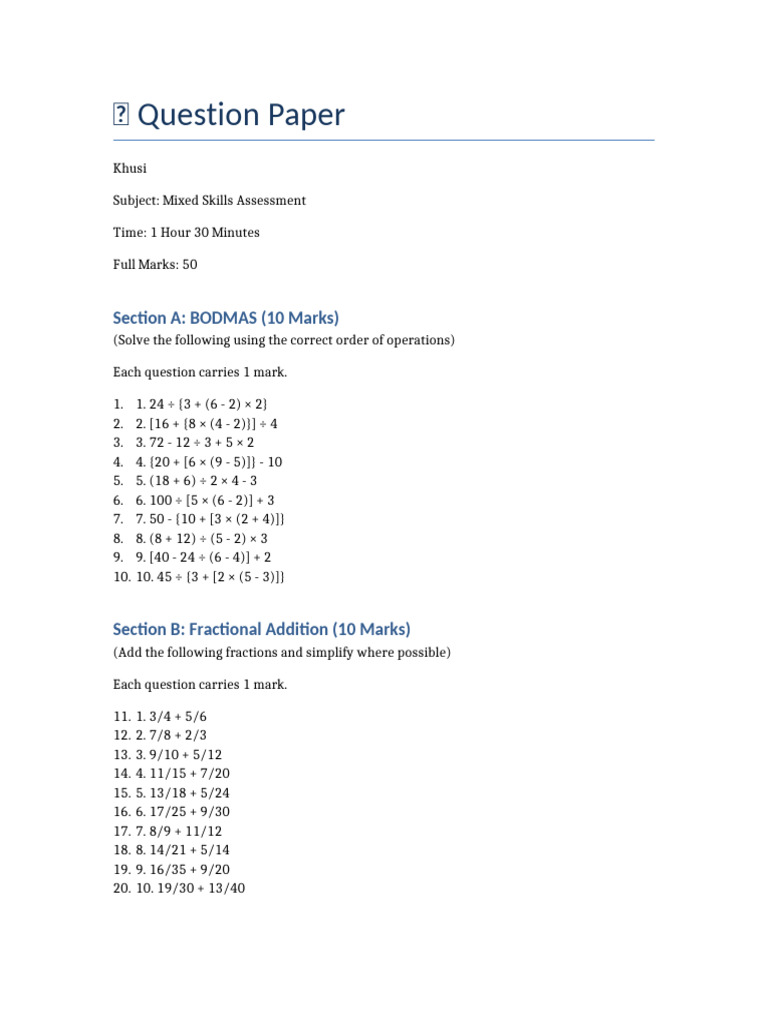 Mixed Skills Assessment Question Paper | PDF