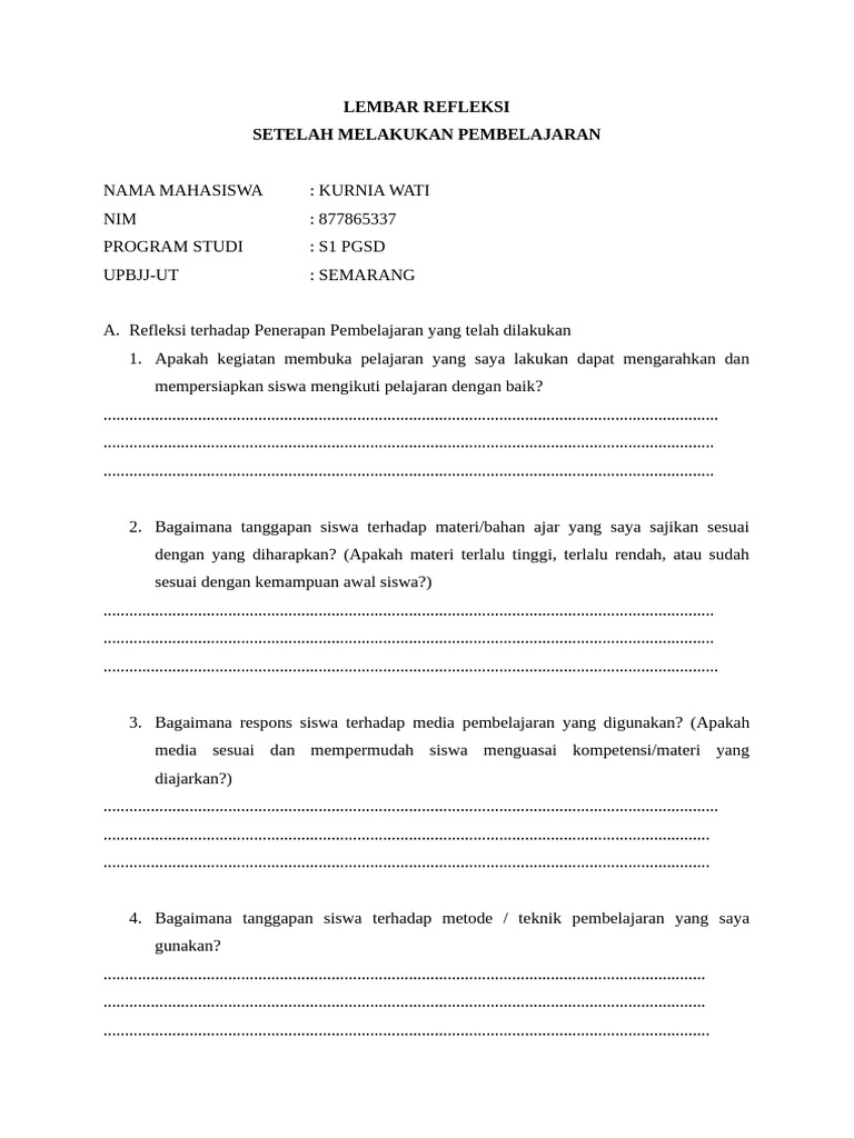 Refleksi Pembelajaran Mahasiswa PGSD | PDF