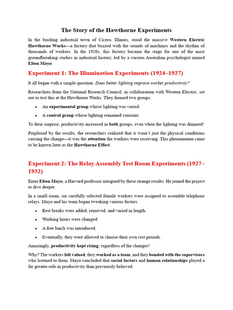 The Story of The Hawthorne Experiments | PDF | Psychology | Social ...