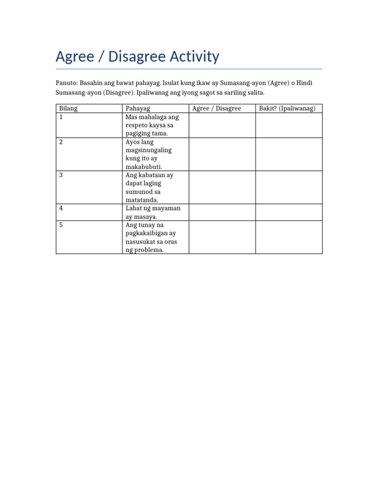 Agree Disagree Activity | PDF
