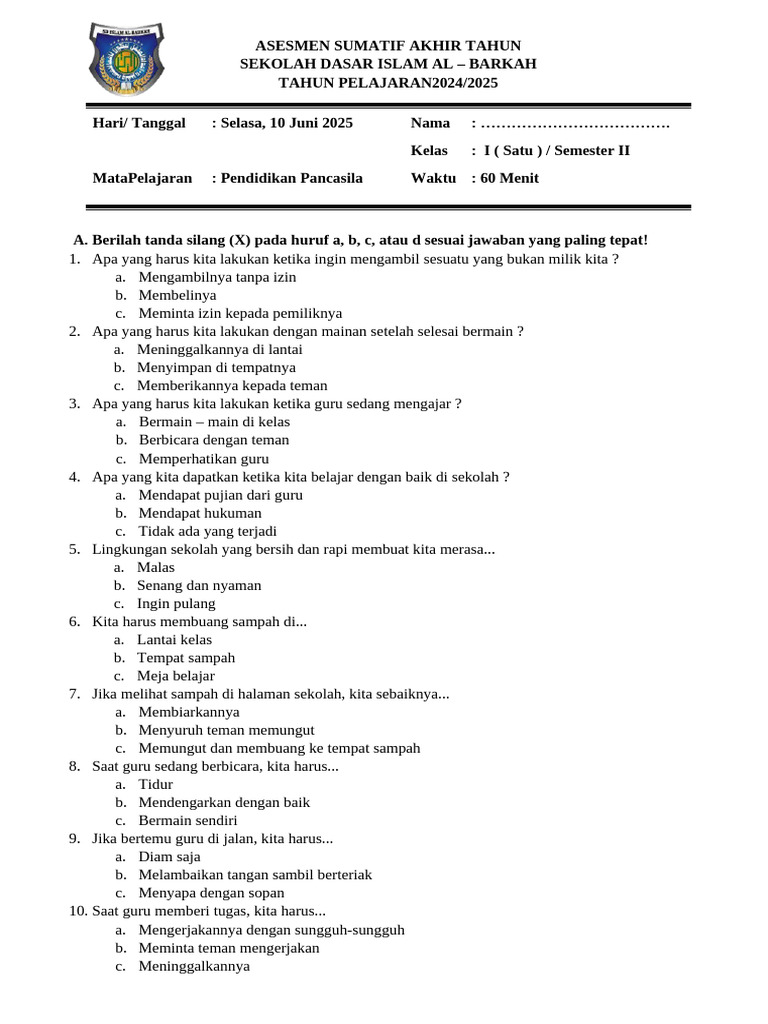 Soal Asat Pp Kls 1 2024-2025 | PDF