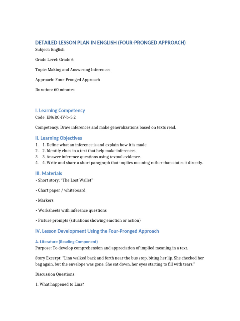 Four-Pronged Approach LessonPlan Inference Grade6 | PDF | Reading Comprehension | Cognitive Science