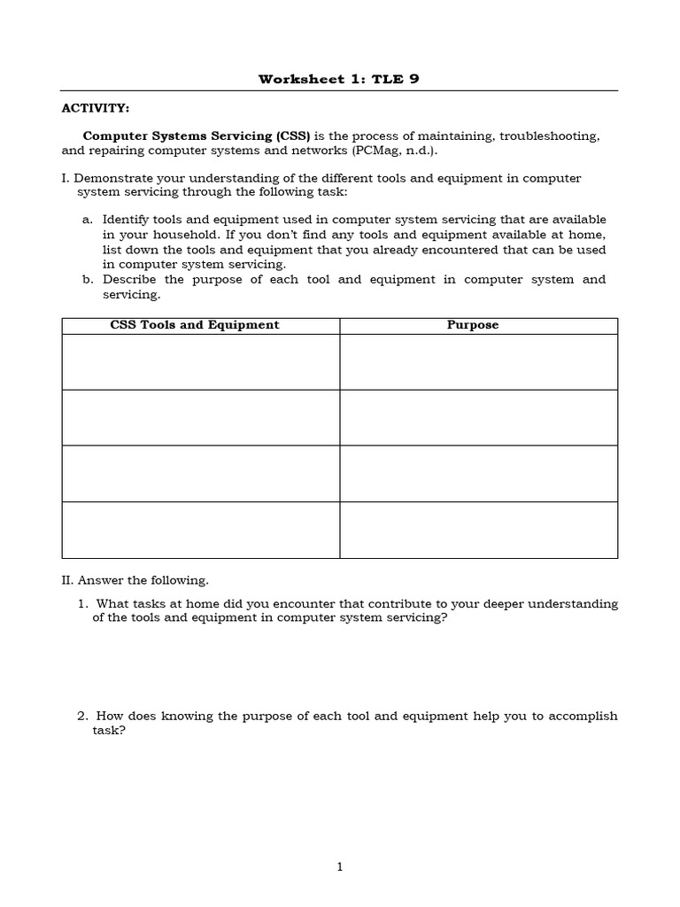 Worksheet 1: TLE 9: Activity: Computer Systems Servicing (CSS) | PDF