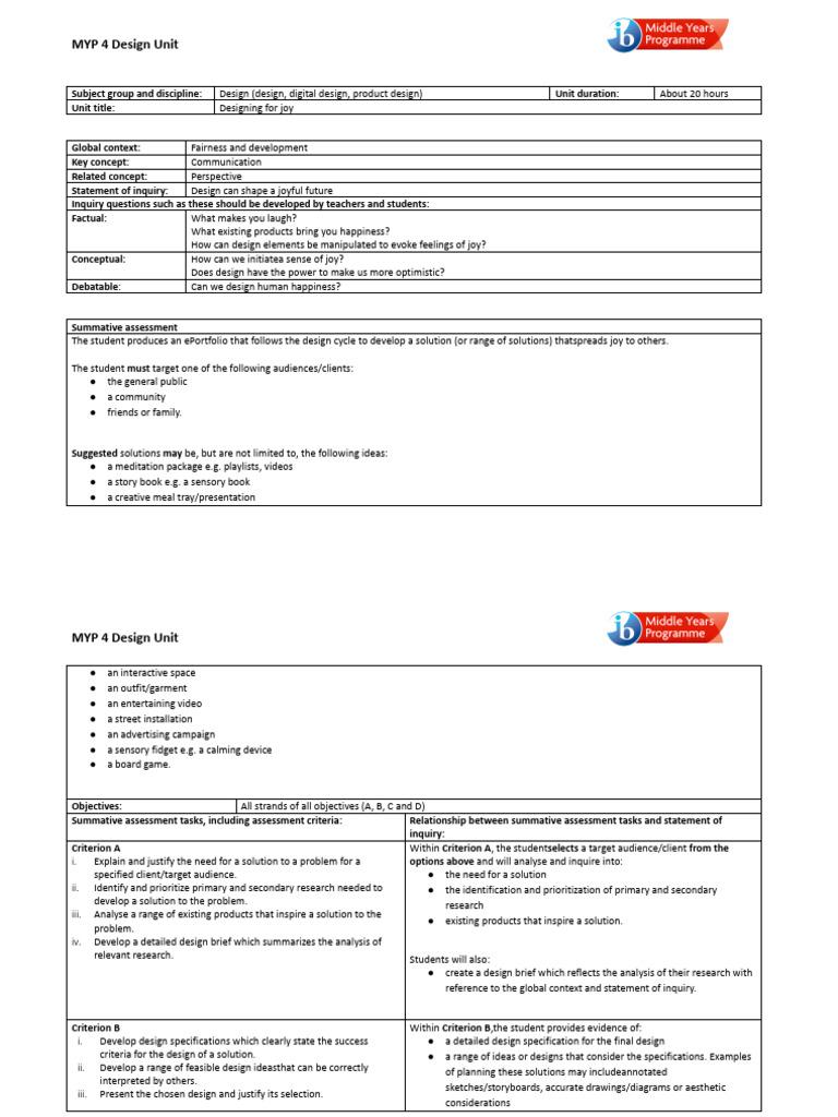 MYP 4 Unit Planner | PDF | Design | Cognition