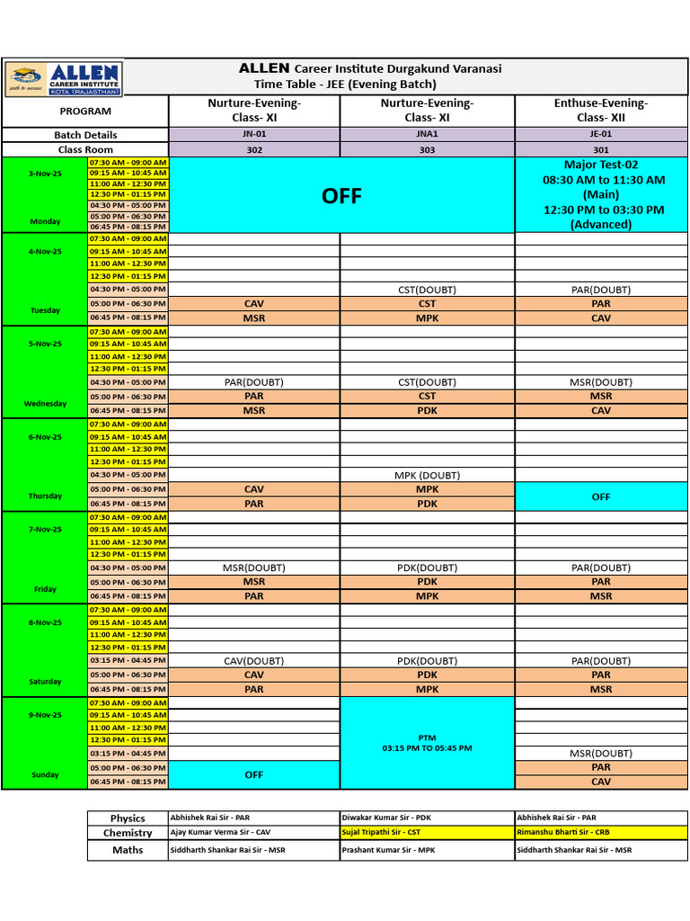 Jee Time Table Evening 03 Nov. Onwards | PDF