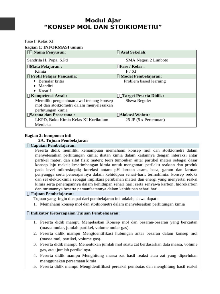 Modul Ajar Konsep Mol Dan Stoikiometri 2526 | PDF