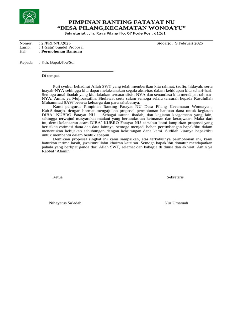 Proposal Bantuan DIBA’ KUBRO Fatayat NU | PDF