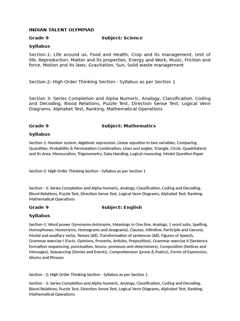 INDIAN TALENT OLYMPIAD Grade 9 Syllabus | PDF | Computer Programming | Subject (Grammar)