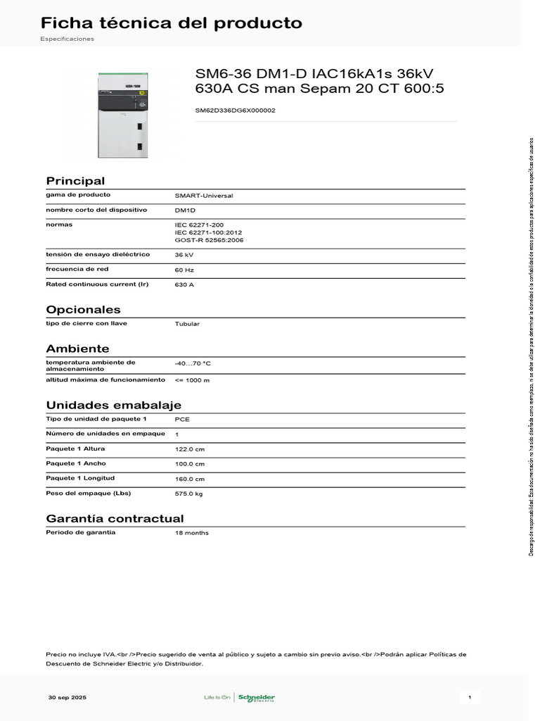 Schneider Electric SM6-36-KV SM62D336DG6X000002 | PDF