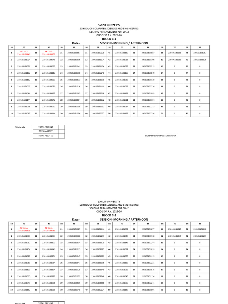 Seating Arrangement for CIA-2 2025-26 | PDF | Science Education | Data ...