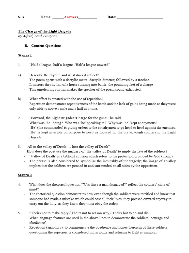 To Student - S.3 Charge of The Light Brigade 1 - Answers | PDF | Poetry