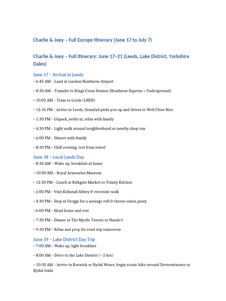 Charlie & Joey's 3-Week Europe Itinerary | PDF | Eating Behaviors Of ...