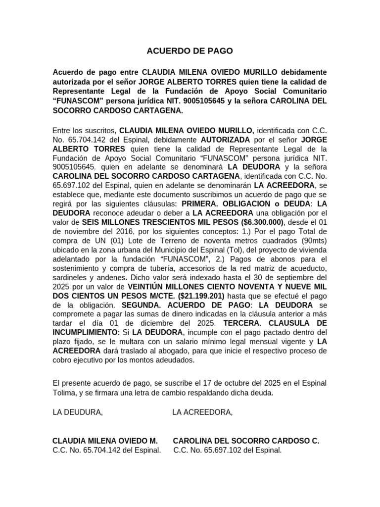 Acuerdo de Pago entre Deudora y Acreedora | PDF | Pagos | Dinero
