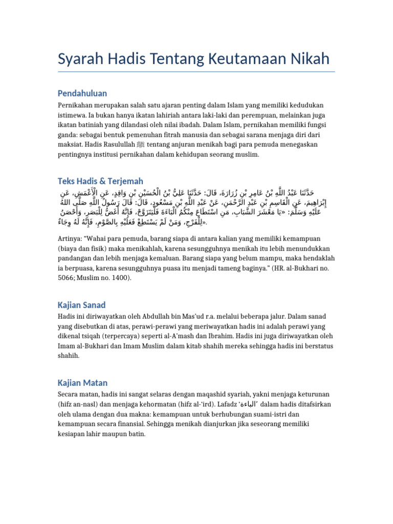 Syarah Hadis Keutamaan Nikah | PDF