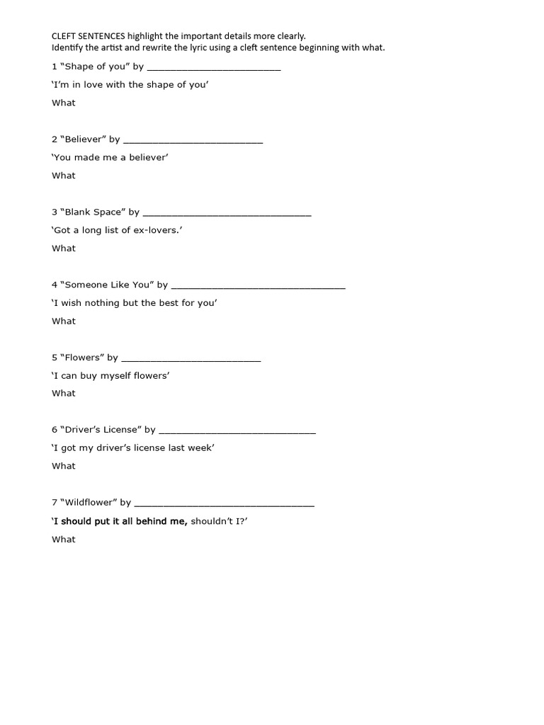 Cleft Sentences Using Song Lyrics Using What | PDF