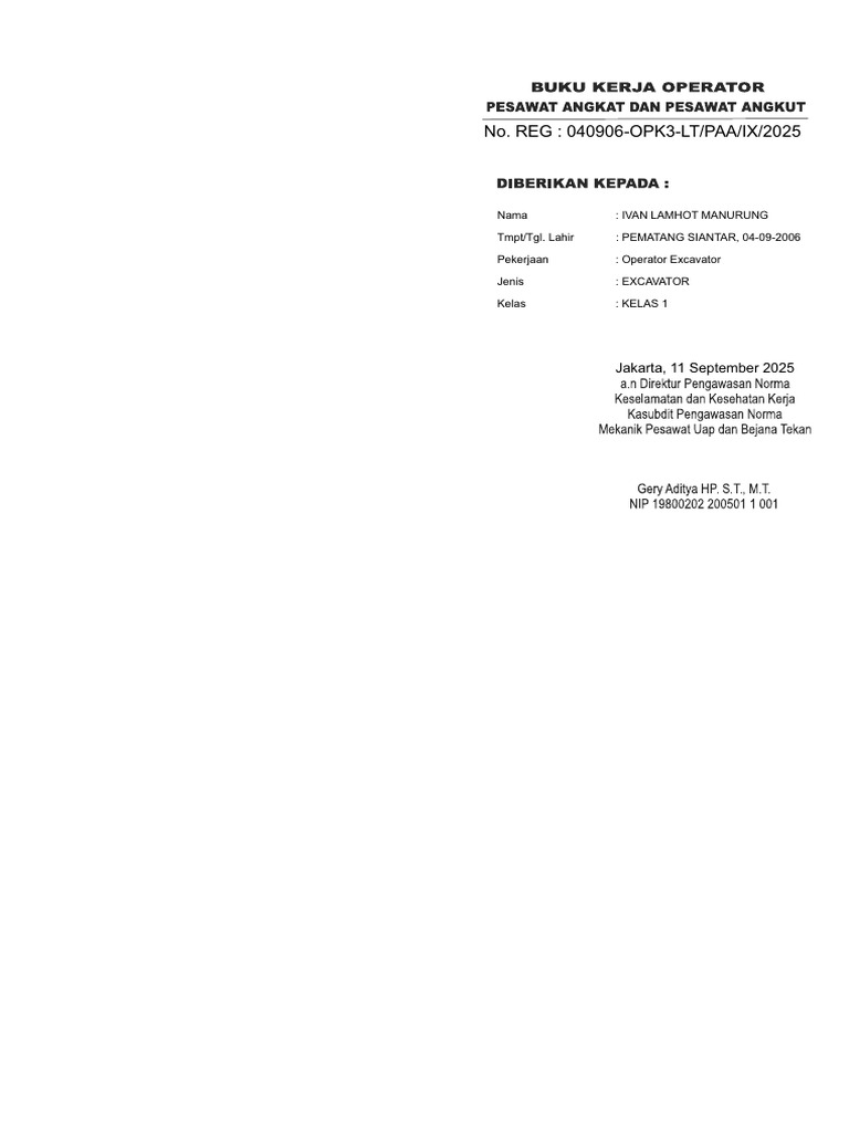 Sertifikat Operator Excavator Kelas 1 | PDF