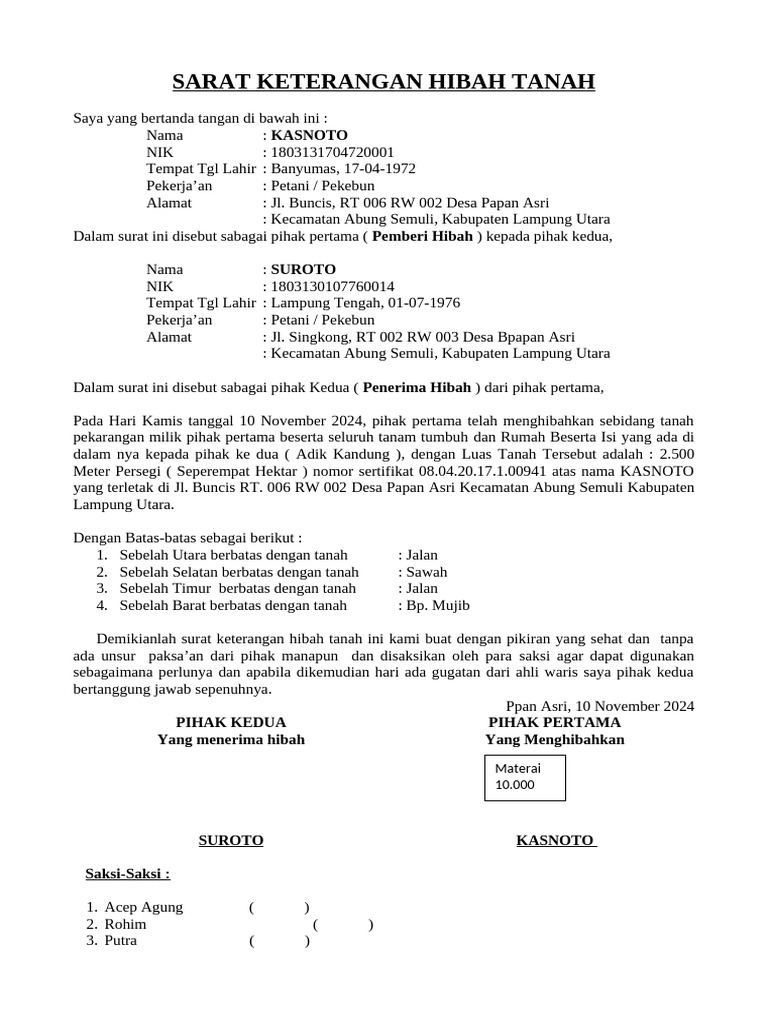 Keterangan Hibah Tanah Kasnoto ke Suroto | PDF