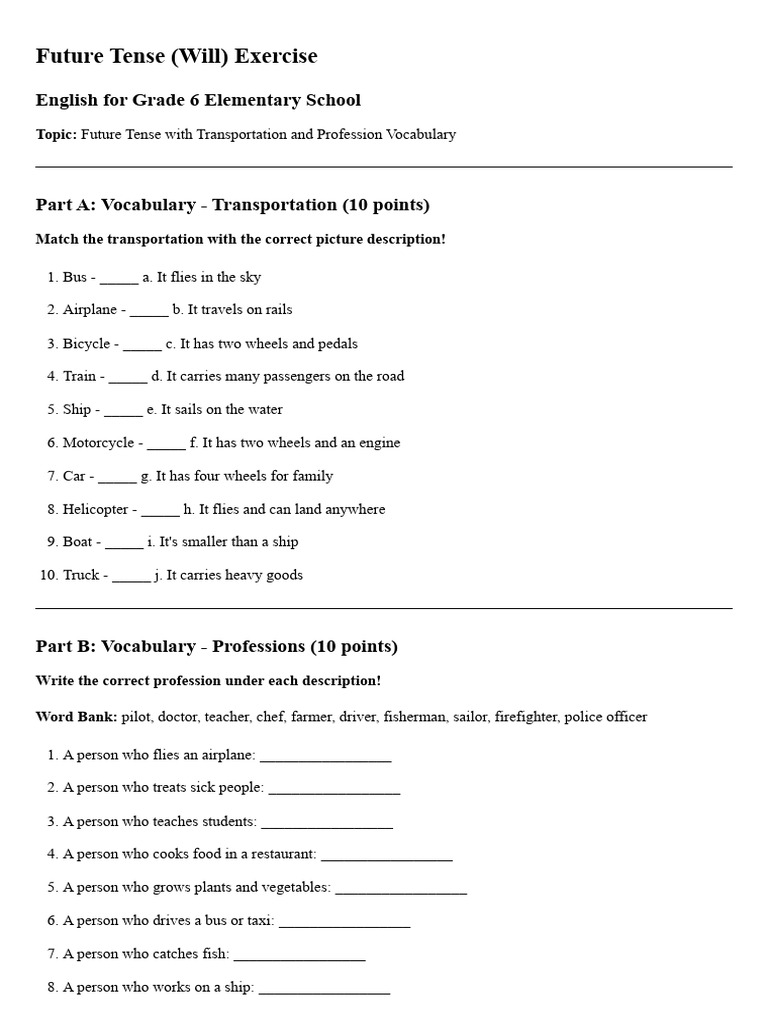 Future Tense Worksheet for Grade 6 | PDF | Transport | Verb