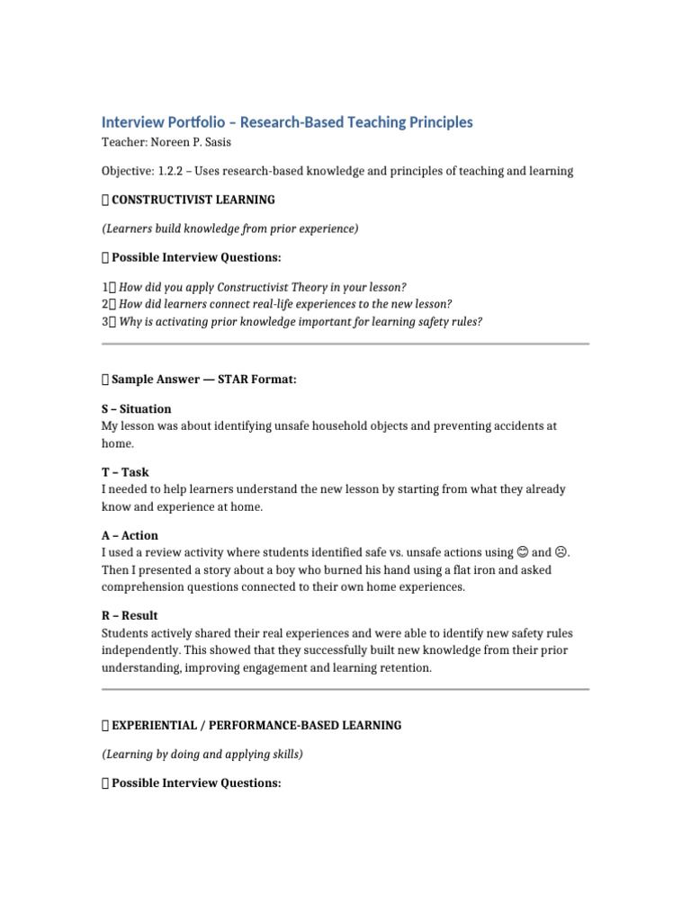 Interview Portfolio Page Objective 1.2.2 | PDF | Learning ...