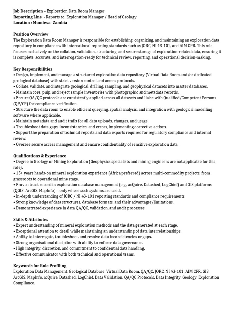 Exploration Data Room Manager JD | PDF | Data | Databases