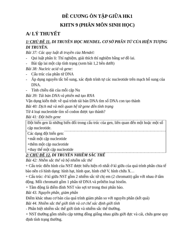 Đề Cương Ôn Tập Giữa Hk1- Sinh 9 | PDF