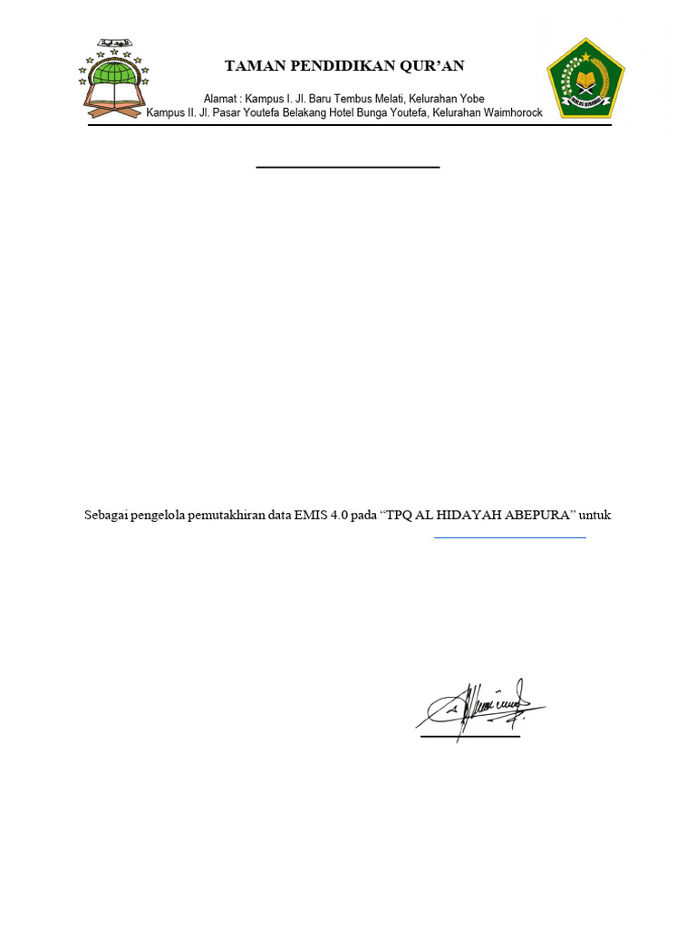 Surat Tugas Pengelola EMIS TPQ Al Hidayah | PDF