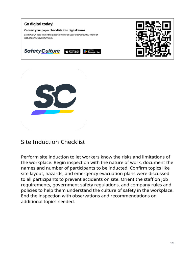 Site Induction Checklist | PDF | Occupational Safety And Health | Labor ...