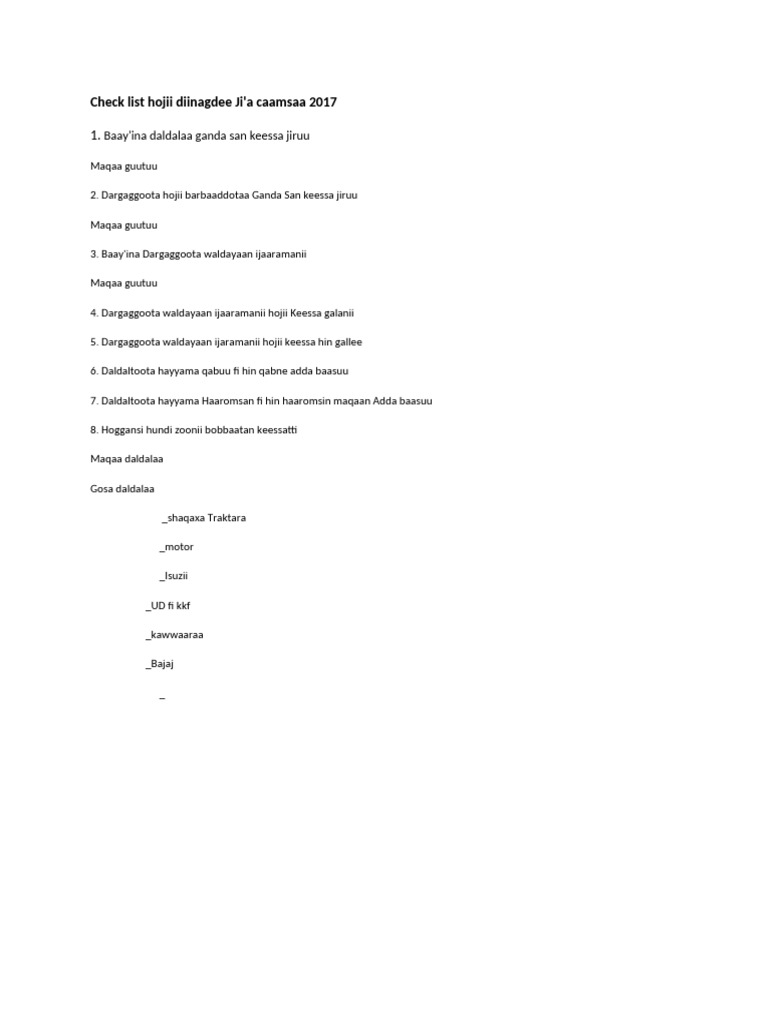 Check List Hojii Diinagdee 1 | PDF