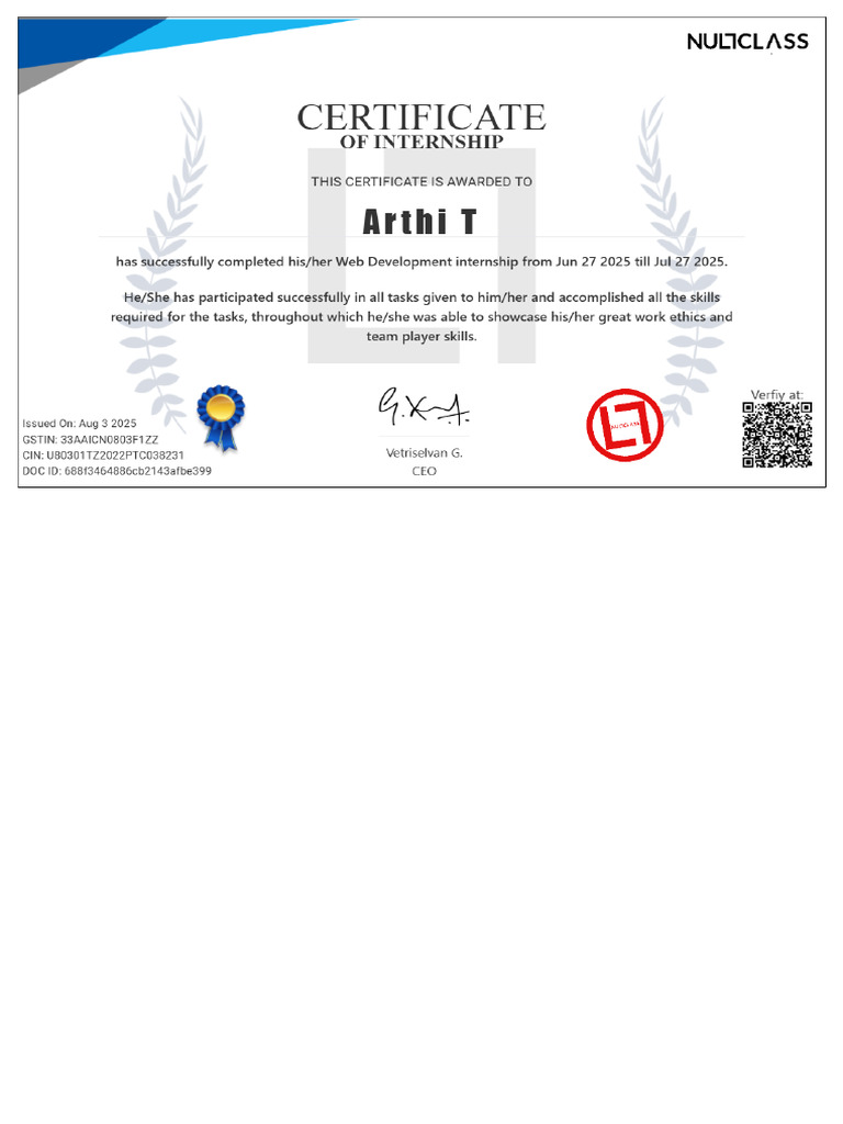 NullClass Web Development Internship Certificate | PDF