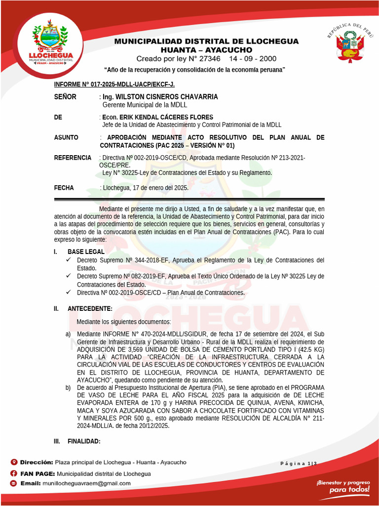 Informe #017-2025-Aprobacion Del Pac Inicial | PDF