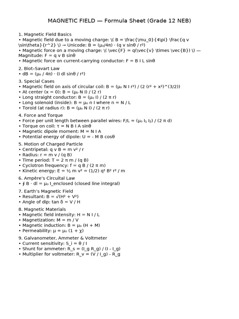 Magnetic Field Formula Sheet NEBC12 Fixed | PDF