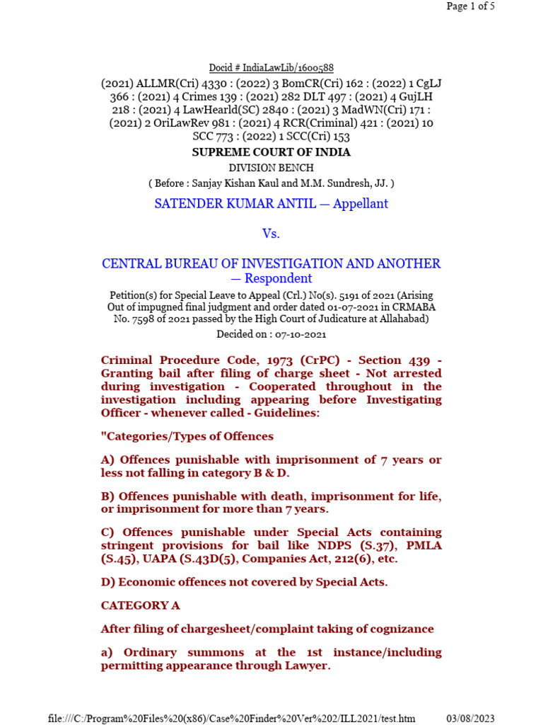 Antil vs CBI: Bail Guidelines Issued | PDF | Bail | Summons