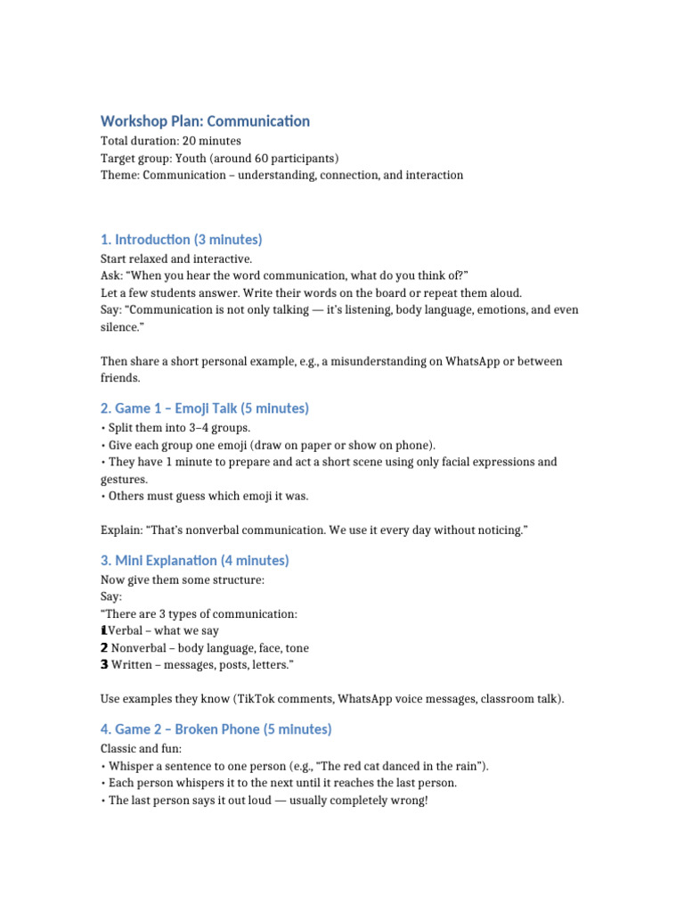 Communication Workshop Plan | PDF