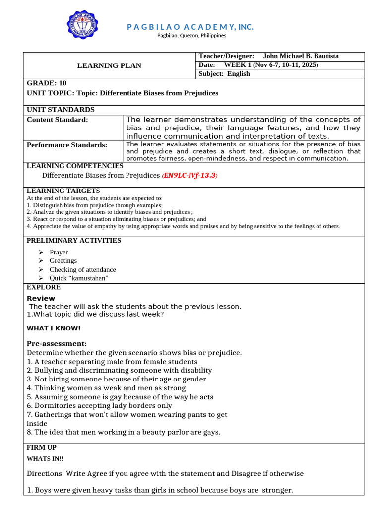GRADE 9 Q3 W1 LP | PDF | Bias | Prejudices