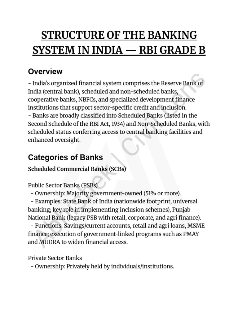 Structure of The Banking System in India - Rbi Grade B | PDF | Banks ...