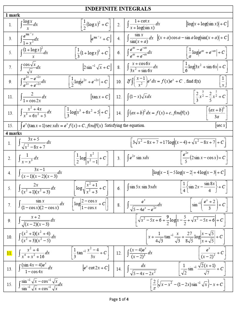 Indefinite Integrals - Worksheet | PDF