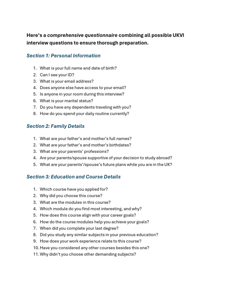 Comprehensive UKVI Interview Questionnaire | PDF