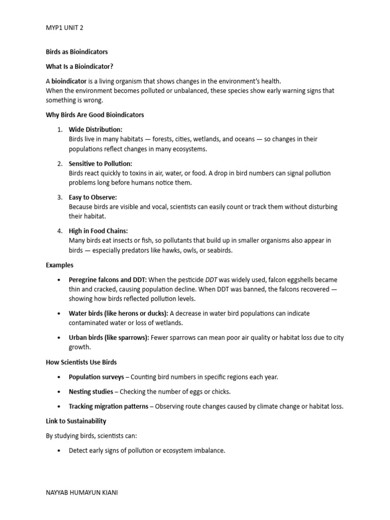 Birds as Bioindicators MYP1 UNIT2 | PDF