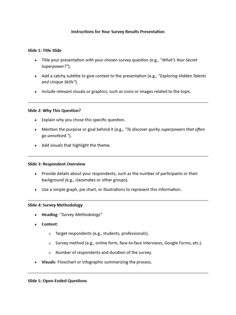Instructions For Your Survey Results Presentation | PDF | Chart