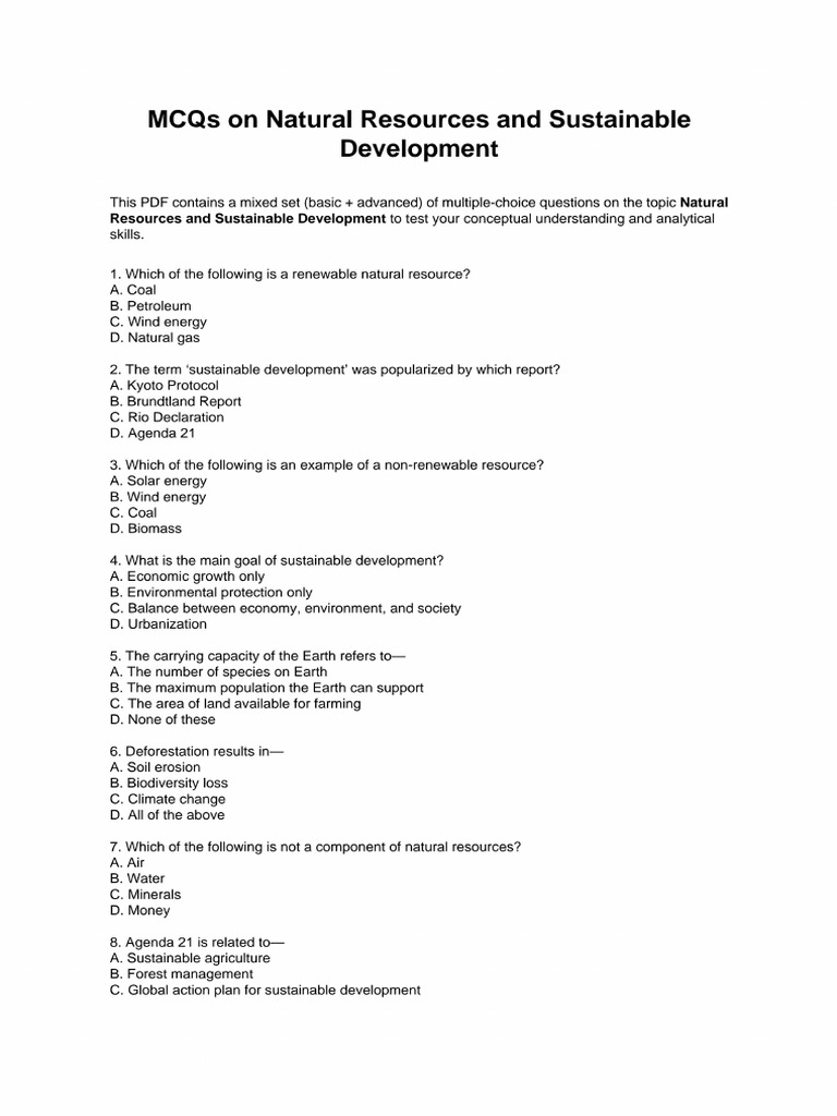 MCQs Unit-ll-Natural Resources and Sustainable Development | PDF