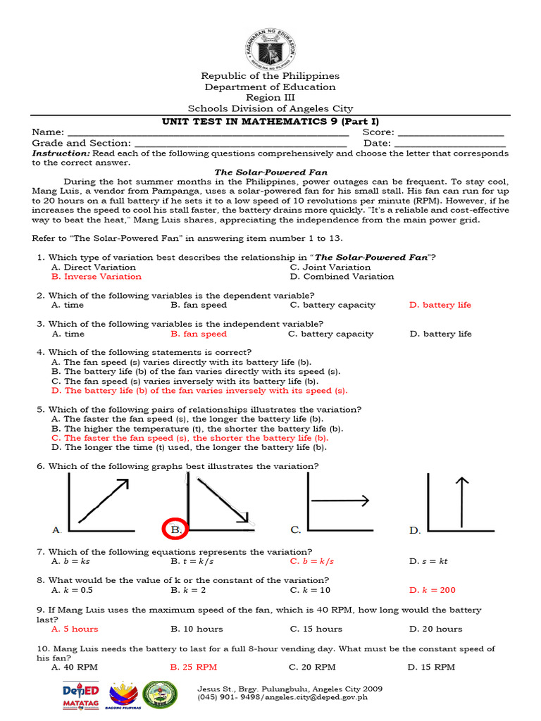 Unit Test: Mathematics 9 Variations | PDF | Mathematics