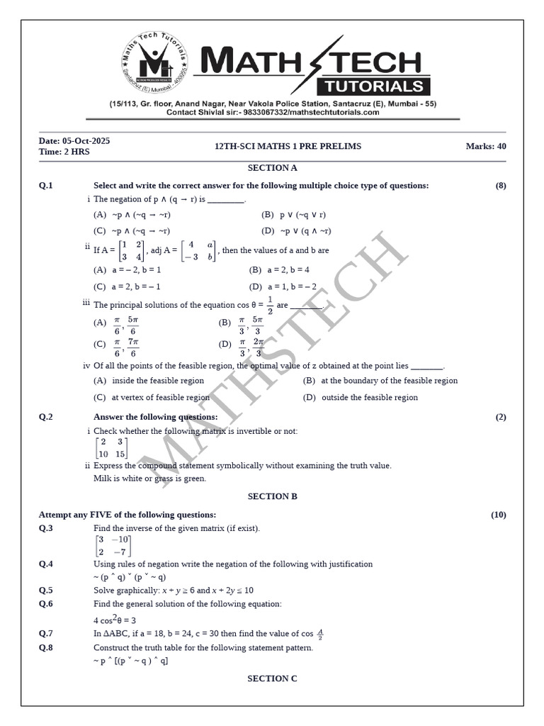 12th Grade Maths Pre Prelims Exam Guide | PDF | Matrix (Mathematics ...